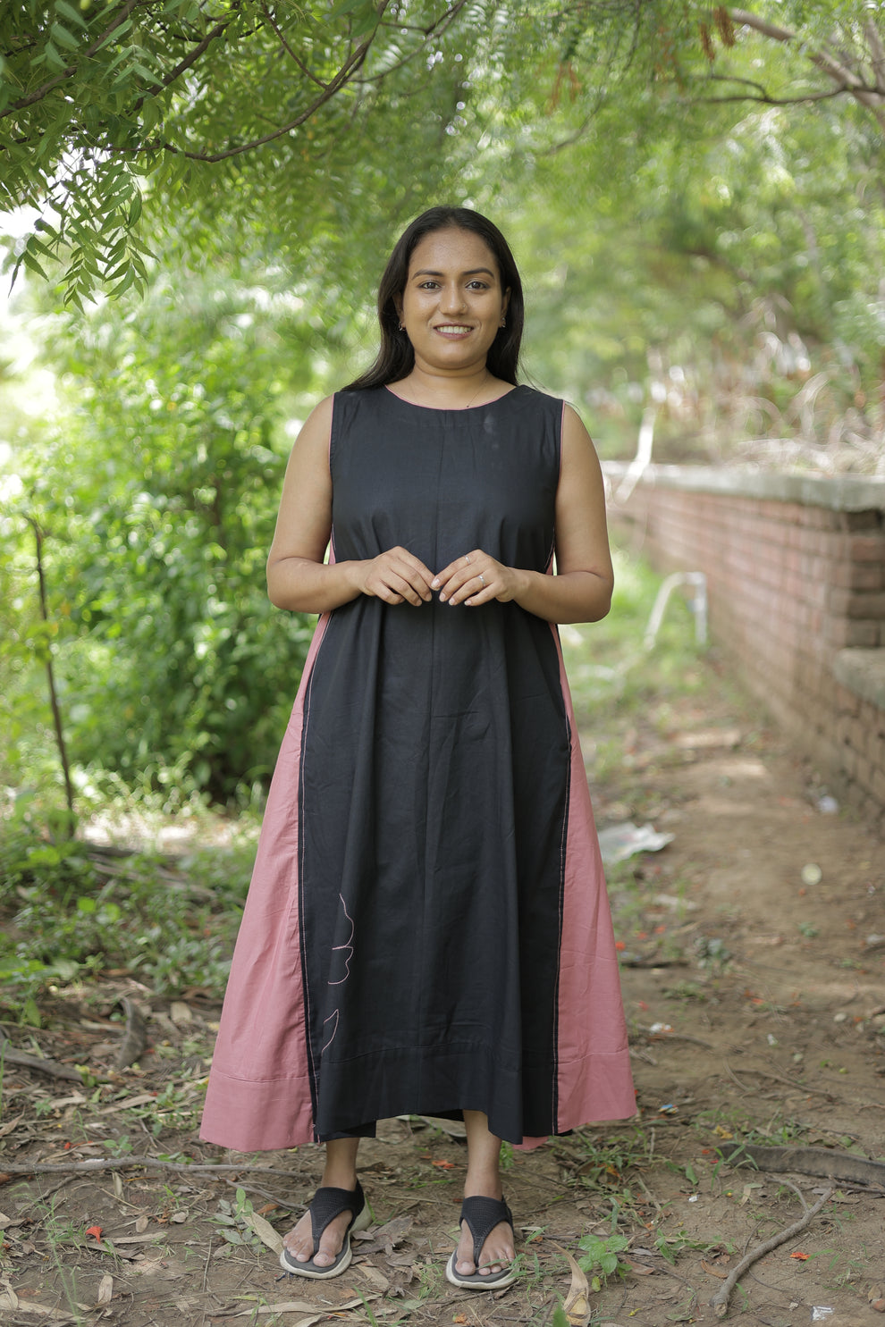 Mridula – Black & Blush Colorblock Embroidered Cotton Dress – FLEASANT
