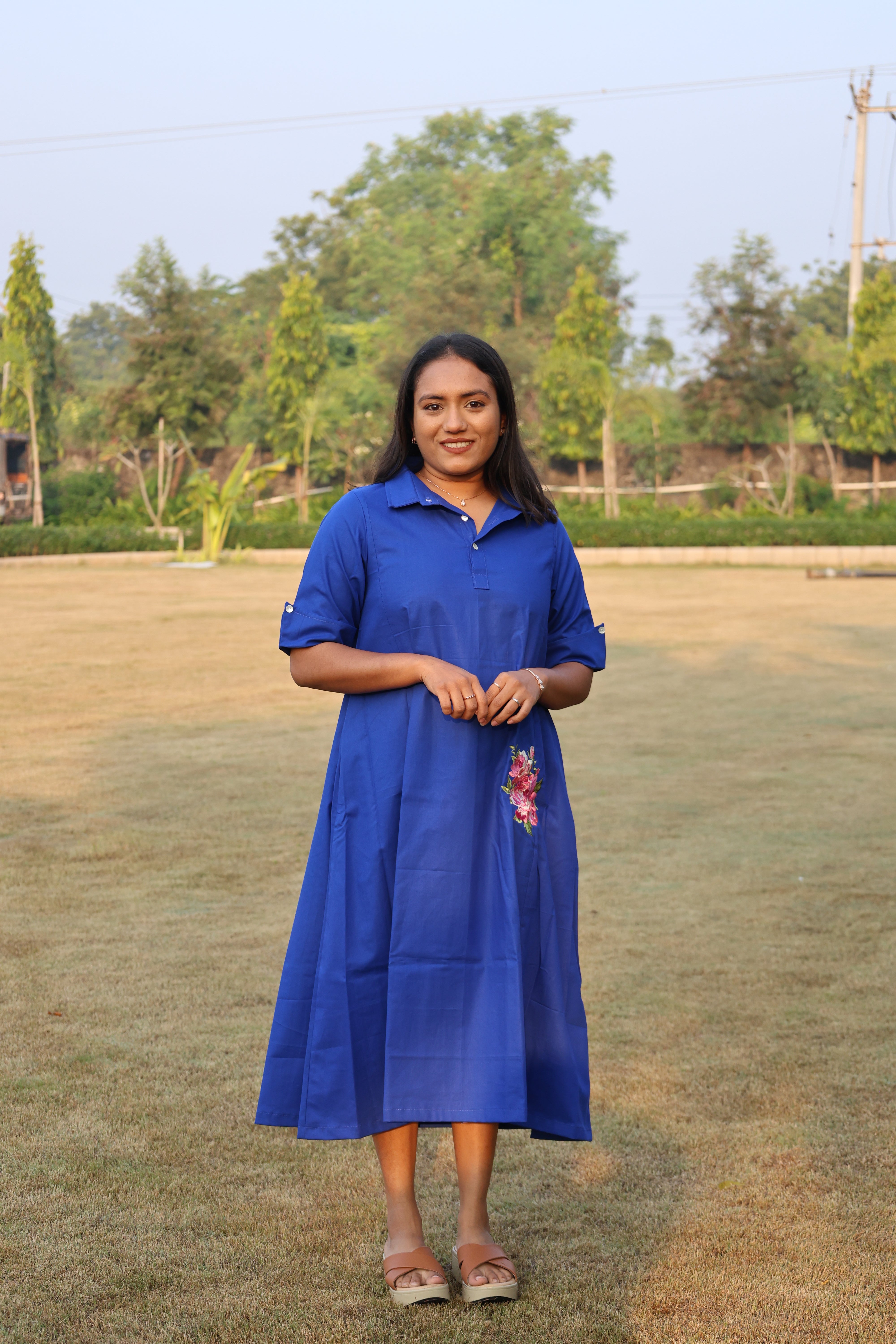 Royal Blue Embroidered Collar Cotton Dress – FLEASANT